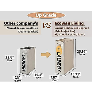 ECOWAN LIVING 48L Slim Laundry Basket with Wheels, Rolling Foldable Laundry Hamper, Narrow Corner Dirty Clothes Hamper, Collapsible Laundry Bin, Thin, Tall, Waterproof (Beige)