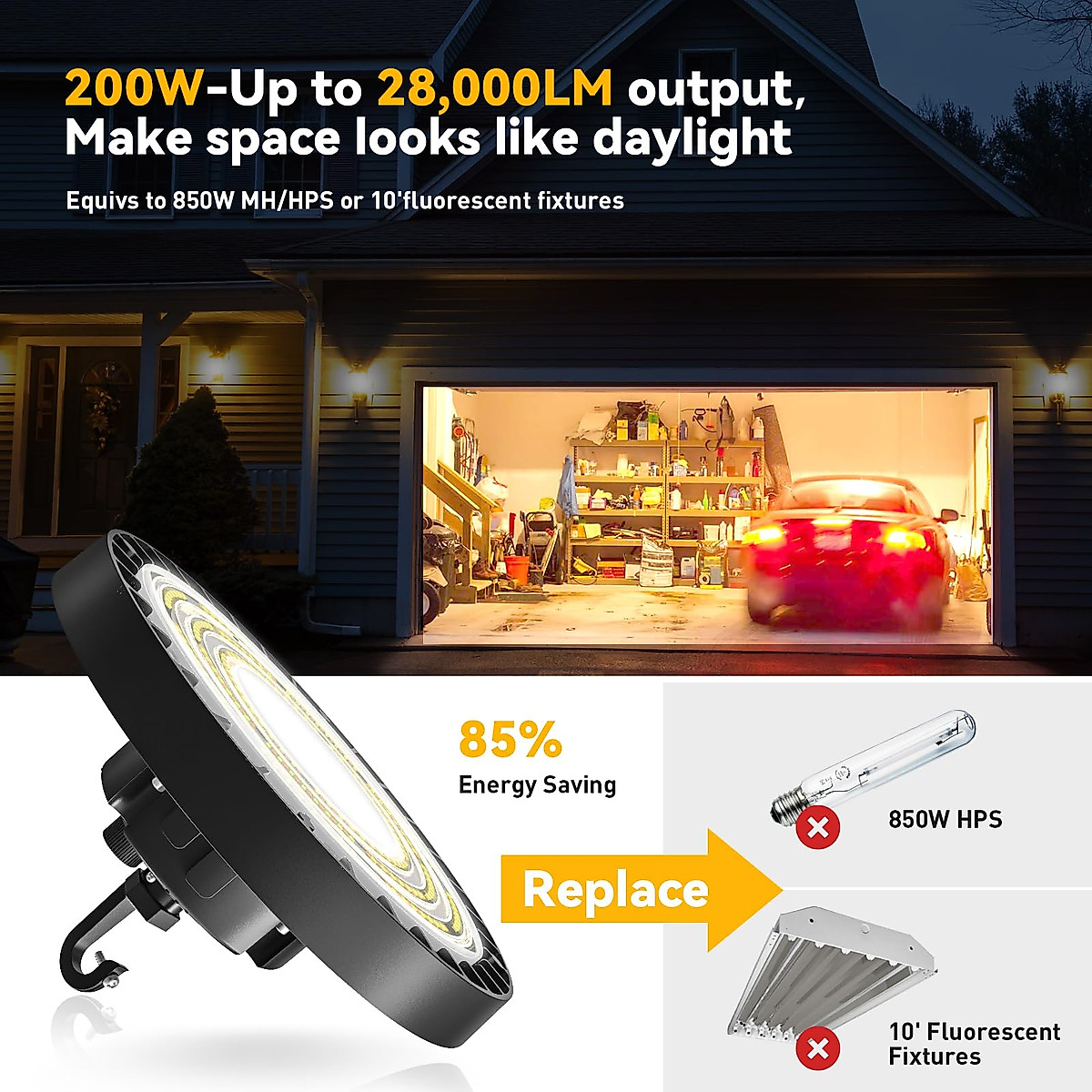 VANoopee 6 Pack 200W High Bay LED Lights 3000K 4000K 5000K Bright UFO LED High Bay Light Commercial Bay Lighting for Warehouse Workshop Barn Garage - 5' Cable with Plug, IP65 28000lm(800W MH/HPS Eqv.)