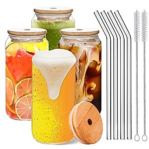 Yirilan 4pcs Glass Cups with Lids and Straws - 16 oz Glass Cups with Bamboo Lids, Iced Coffee Cup, Drinking Glasses, Clear Glass Cups- 2 Cleaning Brushes