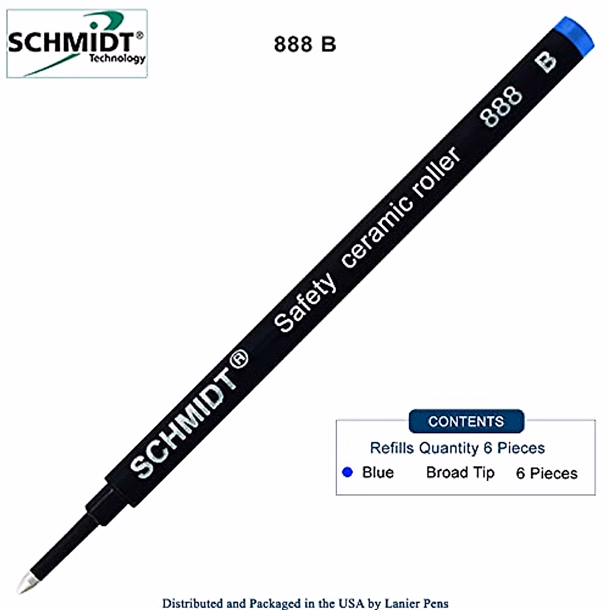 6 Pack - Schmidt 888 (888B) Ceramic Tip Rollerball Refills - Blue Broad/Bold Point