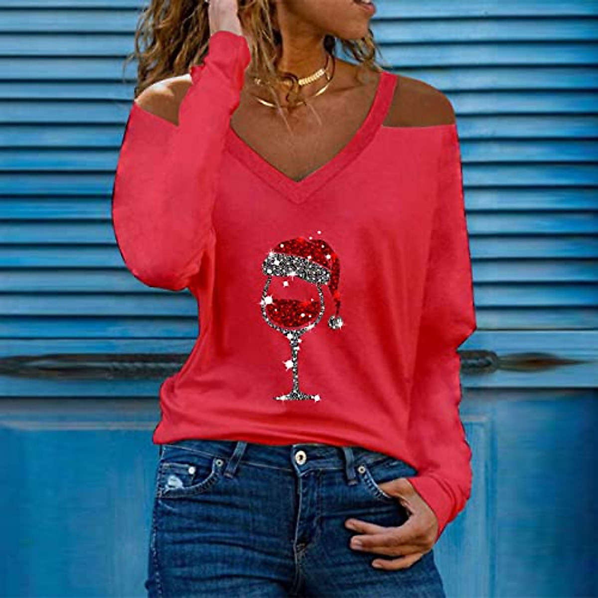 Womens Tops 2023 Fashion Sudadera de otoño para Mujer 2023 Camisa con Estampado de Mariposa navideña Camisetas Blusa de Manga Larga Shirts Q1-Red Large