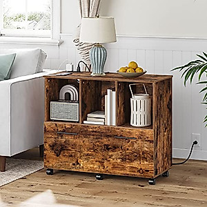 HOOBRO Wooden File Cabinet, Filing Cabinet with Charging Station, Mobile Lateral Home Office Cabinet, Rolling Printer Stand with 3 Open Compartments and Drawer, A4, Letter Size, Rustic Brown FG22UWJ01