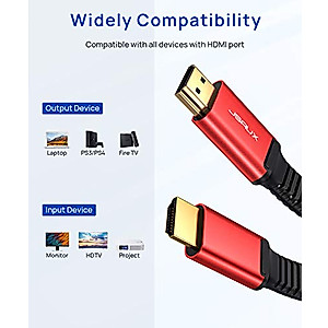 JSAUX 4K HDMI Cable 15ft, Flat Slim HDMI 2.0 Cable High Speed 18Gbps HDMI to HDMI Cord Support 3D, 4K@60Hz, 2160P, HD 1080P, Audio Return(ARC) Ethernet Compatible with UHD TV, Playstation PS4 PS3-Red