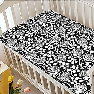 Roses Themed Fitted Crib Sheet,Standard Crib Mattress Fitted Sheet Toddler Bed Mattress Sheets-Great for Boy or Girl Room or Nursery,28“ x52“,White and Charcoal Grey