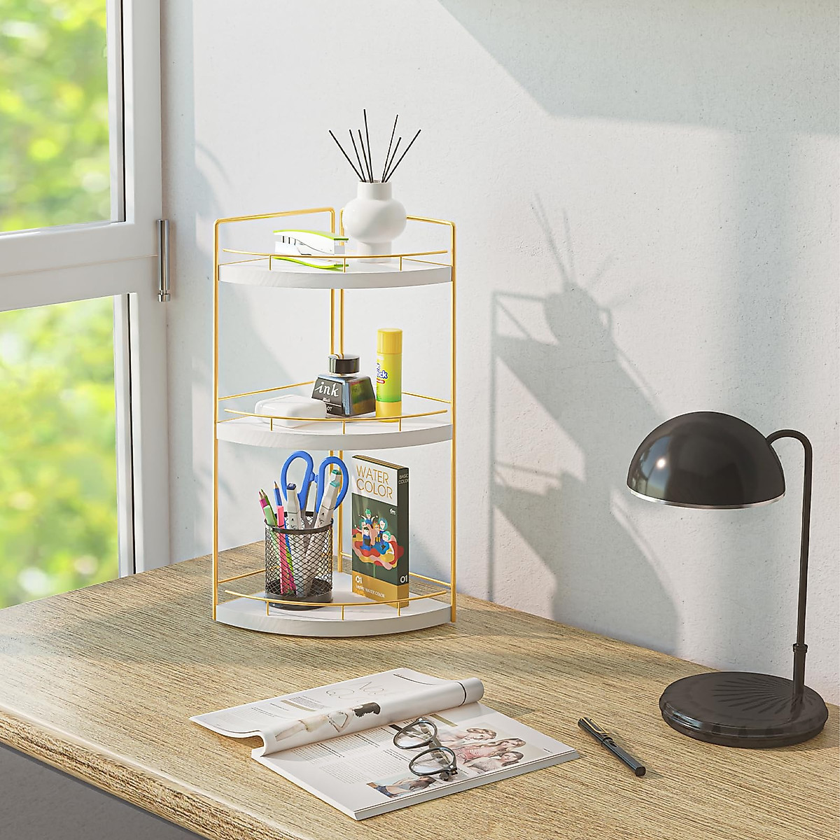 BSTSLL 3 Tier Bathroom Organizer Countertop,Corner Bathroom Counter Organizer,Gold Bathroom Countertop Organizer,for Skincare Product, Kitchen, Bedroom,Vanity Organizer