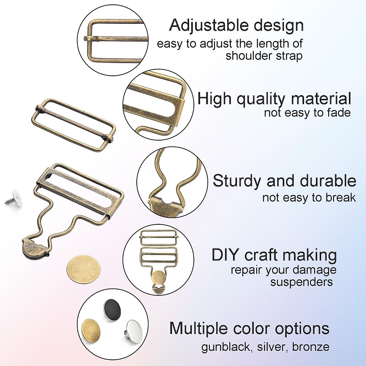 6 Sets Metal Overalls Buckles, 1-1/2" Overall Replacement Clasp Clips with Adjustable Tri Glide Slide Buckle and Buttons for Jeans Suspender, Bib Pants DIY Sewing Accessories (Bronze)