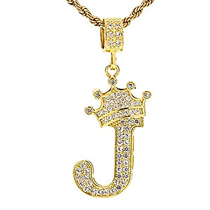 UALGL A-Z Letters Necklace Crown Necklace for Men Women 18K Gold Plated Letters Pendants with 23'' Chain Hip Hop Alphabet Name Jewelry Mom Gifts (Yellow-J)