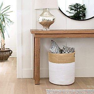 Large Living Room Blanket Basket | Tall Cotton Basket for Storage | 19 x 16 x 16 Inches | Laundry Hamper for Nursery & Bedroom | White & Tan