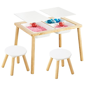 Beright Kids Table and Chair Set, Indoor Sensory Table with 2 Chairs and 3 Storage Bins, Play Sand Water Table for Toddlers, Wooden Activity Table, for Birthday, Christmas