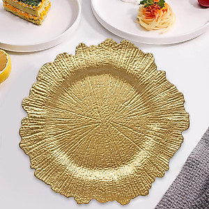 DaCakeWS Gold Reef Charger Plates 10PCS, 13inch Plastic Floral Charger Plates Wedding for Dinner,Wedding,Party,Event,Decoration(Reef Gold10)