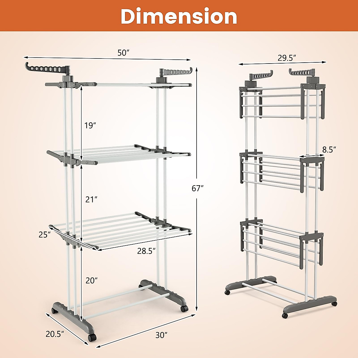 Moccha 4-Tier Clothes Drying Rack, Folding Drying Rack w/ 4 Wheels, 24 Drying Poles & 2 Rotatable Side Wings for Clothes, Portable Clothing Drying Rack for Laundry, Laundry Bag, Grey