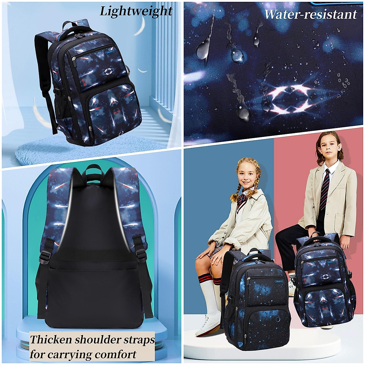Boys Backpacks Primary Junior High School Bag Kids Bookbag 3 in 1 Casual Daypack Set Fashion Space Galaxy Printed Durable Knapsack with Lunch Bag