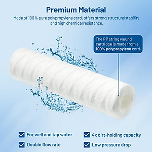 Whole House Water Filter Cartridge Replacement for Well Water, 5 Micron Water Filter 10" x 2.5" String Wound Sediment Water Filter Compatible with AP110, WFPFC4002, CFS110 & 10 inch RO Unit - 6 Pack