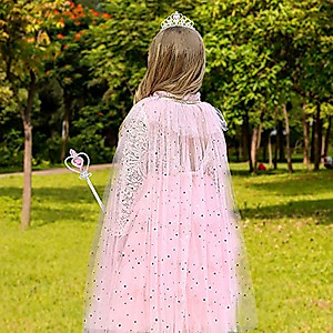 COMMINY Princess Cape Set Princess Dress Up Birthday Party Accessories Pink Cloak with Tiara Crown Mace Wig Gloves Necklace Presents for Kids Little Girls