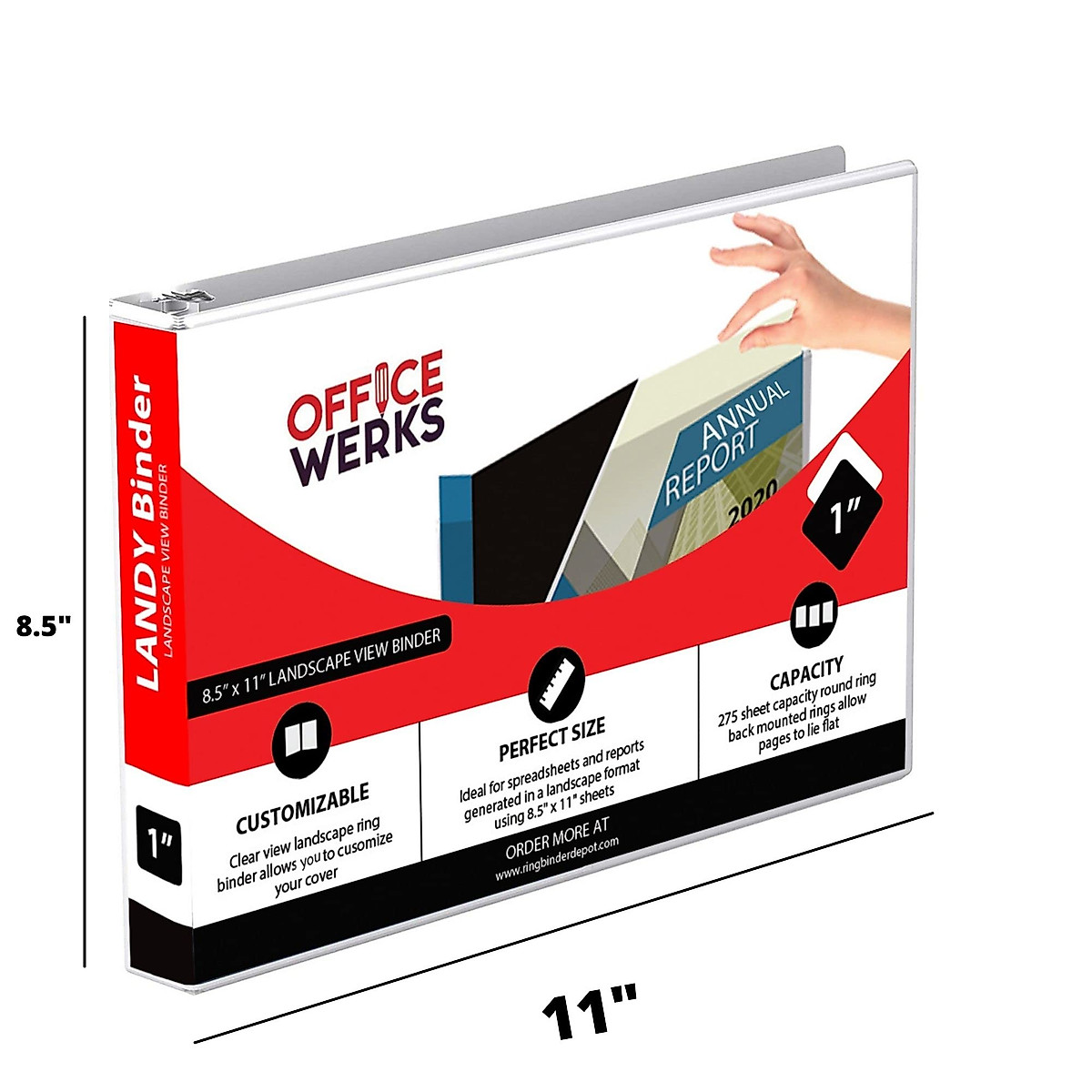 8.5" X 11" Landscape View Binder, 3-Ring Binder 1" Capacity Round Ring, White Horizontal Formatted Binder with Clear Cover Pockets, Perfect for Documents, Projects and More