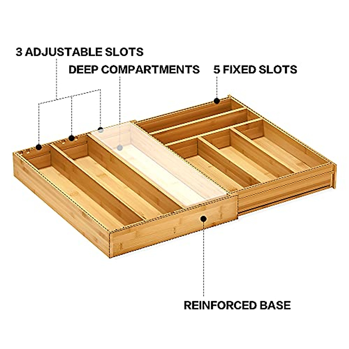 ZESPROKA Bamboo Kitchen Drawer Organizer for Utensils, Silverware, Flatware, Spoons, Fork & Knives–Adjustable Cutlery Tray Divider for Storage & Organization –8 Compartments