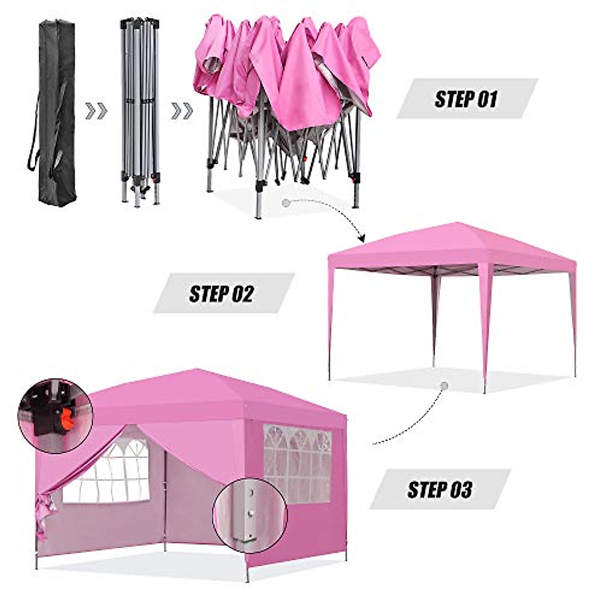Saemoza Pop Up Canopy Tent, 10x10 Outdoor Commercial Instant Gazebo Tent with 4 Removable Sidewalls, Height Adjustable Portable Beach Canopy with Carry Bag (Pink)