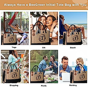 BeeGreen Jute Tote Bag with Makeup Bag - Large Summer Beach Bag with Pocket and Adjustable Strap - Personalized Birthday Gifts for Women, Mom, Teacher, Friends and Her. Embroidery F