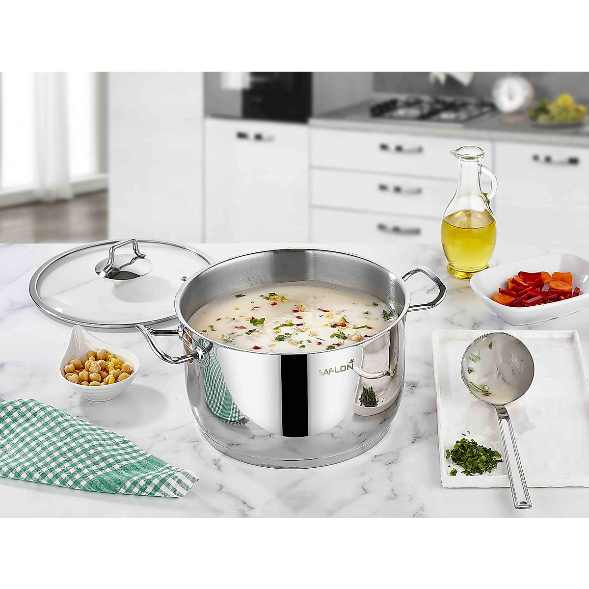 Saflon Stainless Steel Tri-Ply Capsulated Bottom 6 Quart Stock Pot with Glass Lid, Induction Ready, Oven and Dishwasher Safe