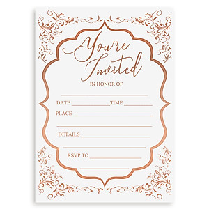 Fill In Party Invitations Cards 5x7, 20 pack, Rose Gold Foil, 20 Thank You Tags Included. Invitation For Wedding, Birthday, Bridal Shower, Special Occasions, Events, You Are Invited Rose1