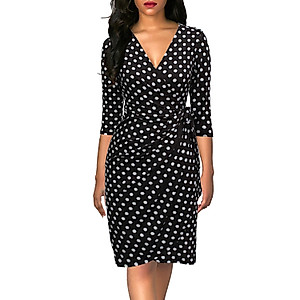 Berydress Women's Classic 3/4 Sleeve V Neck Sheath Casual Party Work Faux Black Wrap Dress (L, 6083-Black Dot)