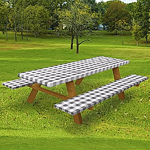 Picnic Table Cover with Bench Covers Vinyl Tablecloth with Elastic Band and Flannel Backing Fitted Table Covers for 6 Foot Rectangle Tables-for Outdoor/BBQ/Camping(30 X 72 Inch,3-PCS,Grey-Checkered)