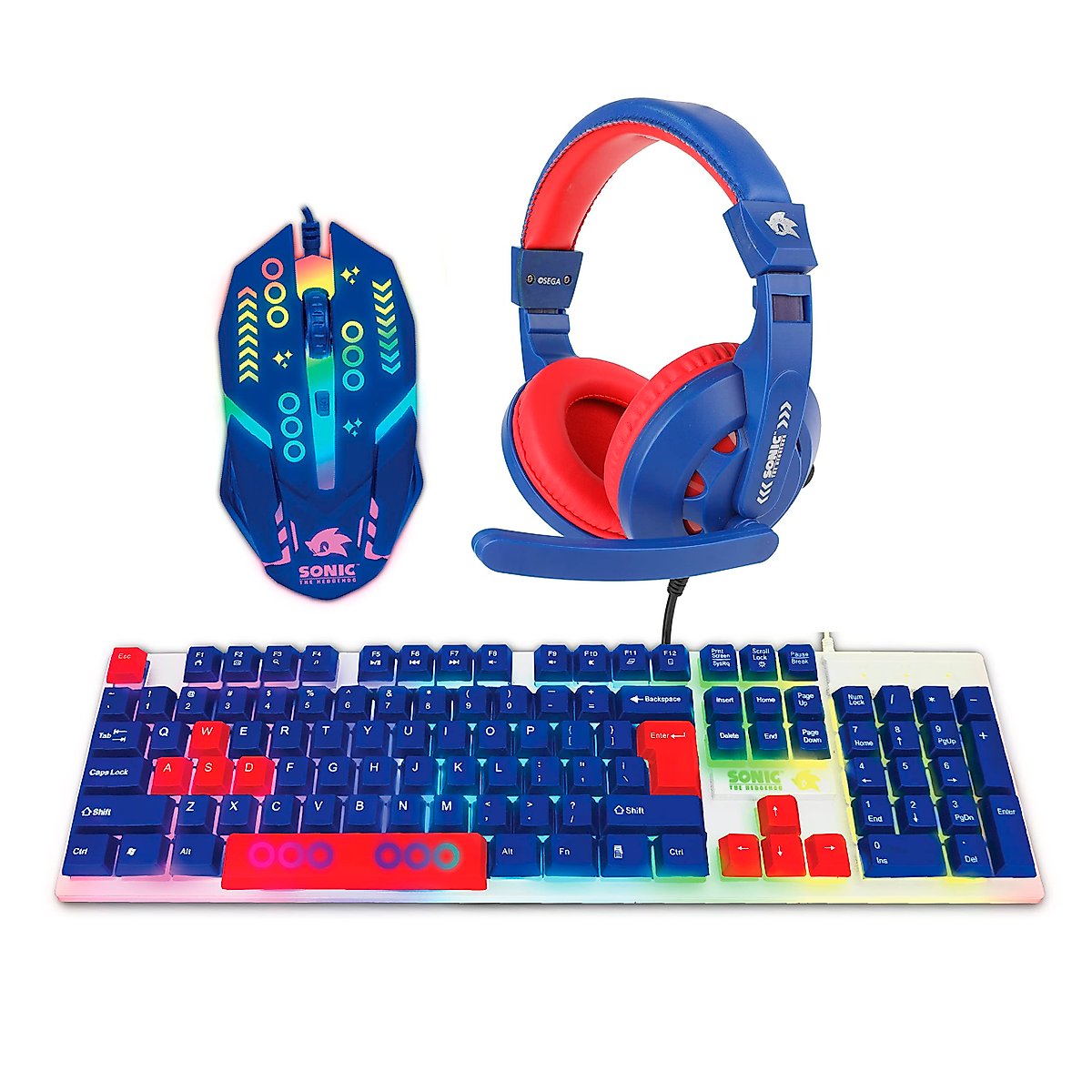 Sonic the Hedgehog 3 in 1 Gaming Set with LED Backlit Keyboard and Mouse, Cushioned Gaming Headset with Microphone. Perfect for Long Gaming Sessions, Comfort Grip, Ergonomic Mouse, Mechanical Keyboard