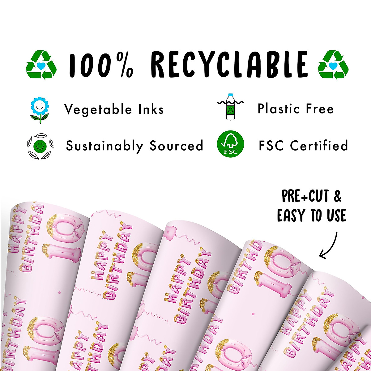 CENTRAL 23 Happy Birthday Wrapping Paper - 10 Year Old - 6 Sheets Pink Wrapping Paper - Girls Birthday Wrapping Paper - 10th Birthday - Comes With Stickers - Recyclable