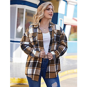 IN'VOLAND Women's Flannel Plaid Shacket Casual Button Down Long Sleeve Flannel Shirts Plus Size Fall Tartan Jacket Brown 24W