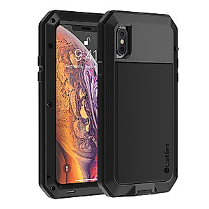 Lanhiem iPhone Xs Max Metal Case, Heavy Duty Shockproof [Tough Armour] Rugged Case with Built-in Glass Screen Protector, 360 Full Body Protective Cover for iPhone Xs Max (6.5" 2018) -Black