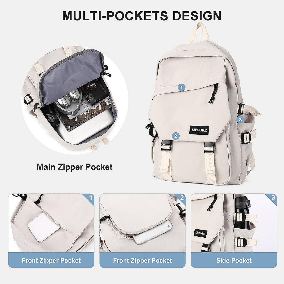 Lightweight School Bag Casual Daypack College Laptop Backpack for Men Women Water Resistant Travel Rucksack for Sports High School Middle Bookbag for girls（White）