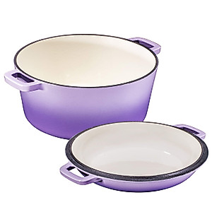 Bruntmor 2-in-1 Enamel Cast Iron Dutch Oven With Handles - Crock Pot Purple Cast Iron pot with Skillet lid - All-in-One Cookware Braising Pan for Casserole Dish - 5 Quart, Purple