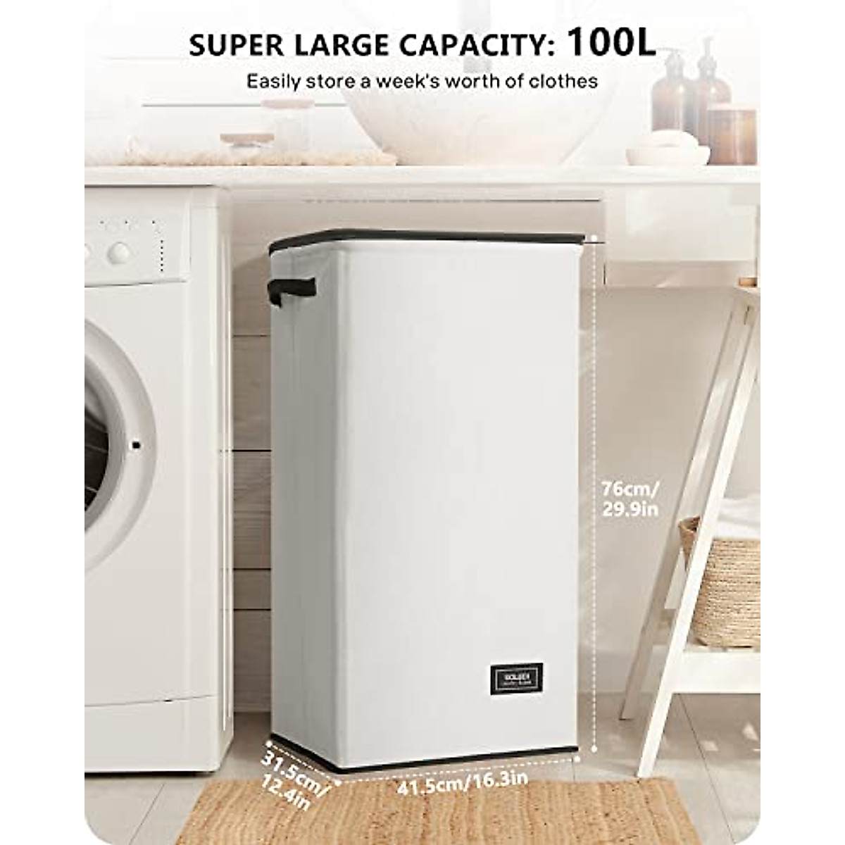 SOLEDI Laundry Hamper with Lid - 100L XL - Large Laundry Basket with Removable Bag, Collapsible Laundry Baskets, Convenient Storage - Hampers for Laundry for Bedroom, Bathroom, Closet, Dorm, Off-White