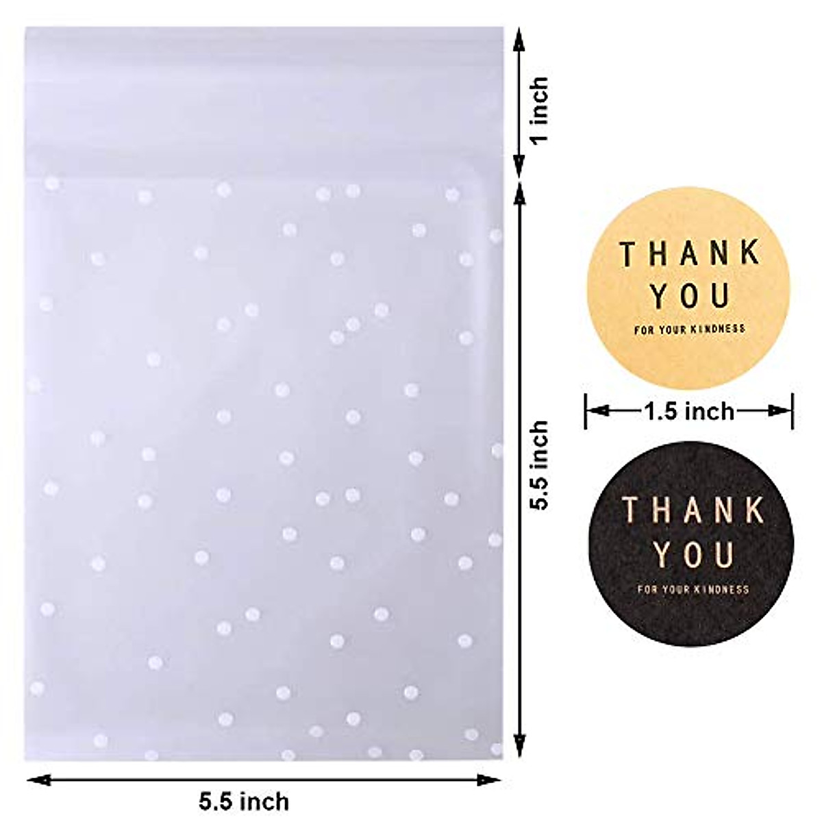 Self Sealing Cookie Bags Cellophane Treat Bags, Searik White Polka Dot Party Pastry Candy Bags For Cookie Wedding Party Gift Giving 100 Bags with 100 Thank You Labels (5.5 x 5.5 inches, 100 Pcs)