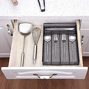 WuGeShop Kitchen Utensil Organizer,Cutlery Holder Organizer in Drawer for Flatware,Utensil Storage Flatware Tray with Anti-slip Mats(Black)