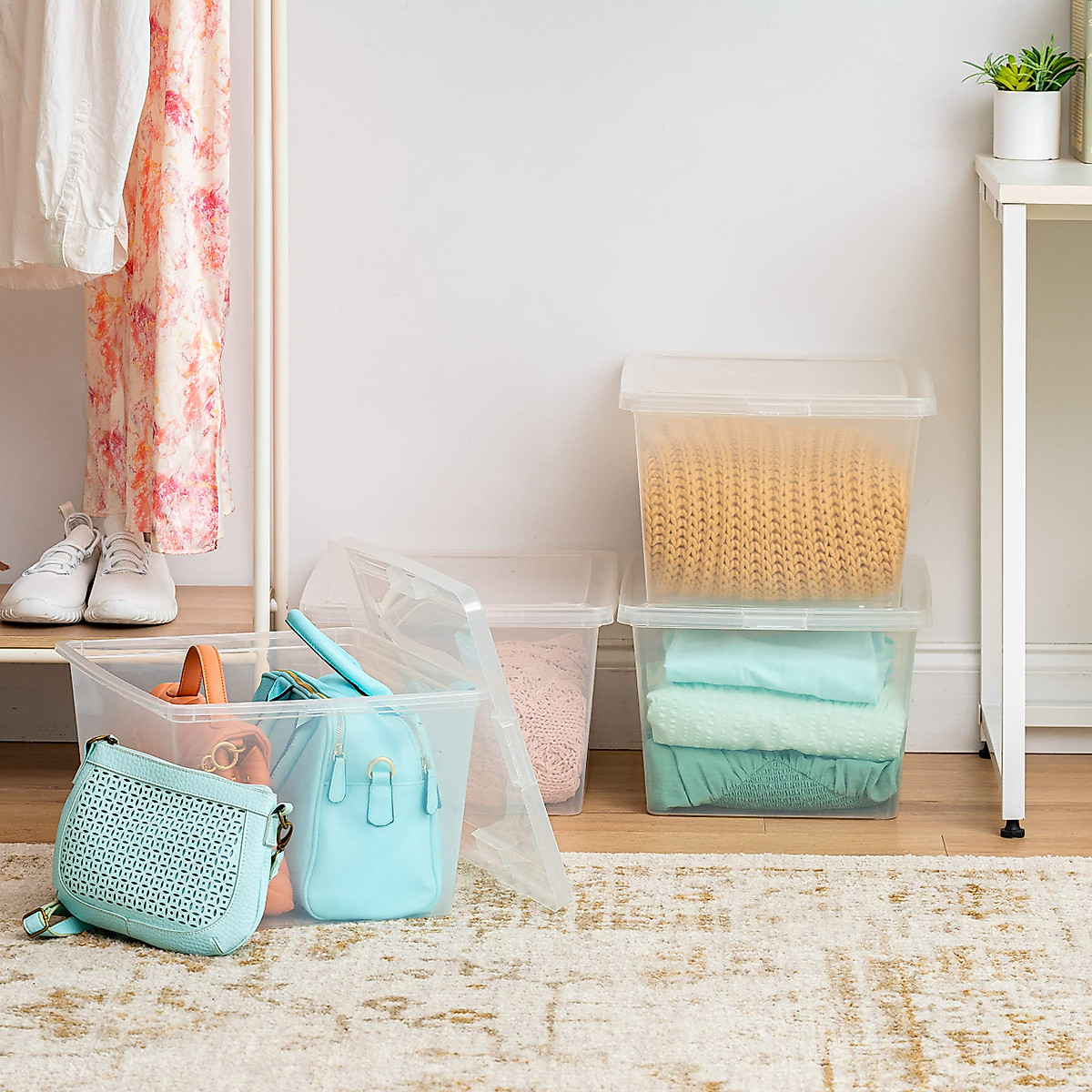 IRIS USA 25 Qt Clear Storage Box, BPA-Free Plastic Stackable Bin with Lid, 4 Pack, Containers to Organize Shoes and Closet Shelves, Classroom Organization Teacher Tools, Game Storage