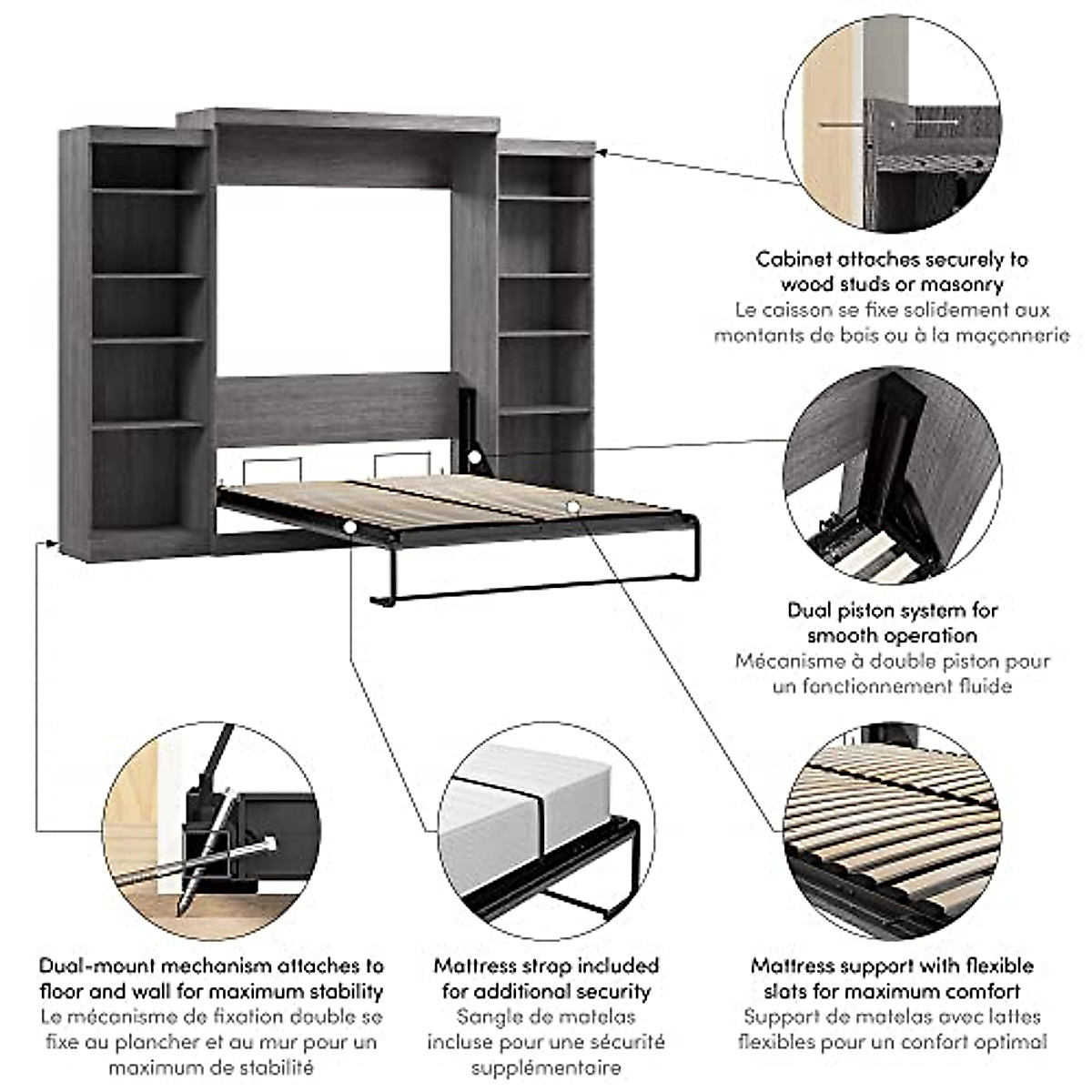 Bestar Pur Queen Murphy Bed and 2 Shelving Units, 115-inch Space-Saving Wall Bed with Storage