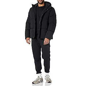 Amazon Essentials Men's Recycled Polyester Mid-Length Hooded Puffer (Available in Big & Tall), Black, Large