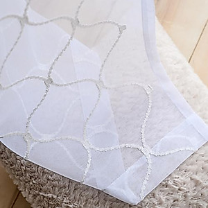 Embroidered Wave Diamond Sheer Curtains White 95 Inches, Window Treatments Rod Pocket Drapes for Living room, Bedroom, Semi Voile Curtain Panels for Yard, Patio, Villa, Parlor, Set of 2, 52"x95".