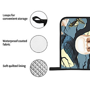 EZDNAGP 4pcs Oven Mitts and Pot Holders Sets Oven Kitchen Gloves Hot Pads for Cooking BBQ Baking Grilling - Raven Skull Bird Death Butterfly