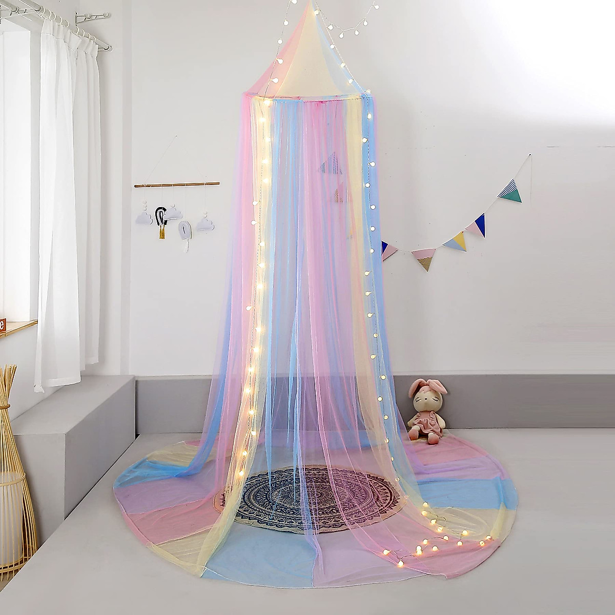 Rainbow Bed Canopy with Lights - Girls Room Bed Netting for Twin, Single, Full, Queen Size Beds - Reading Corners Room Decor