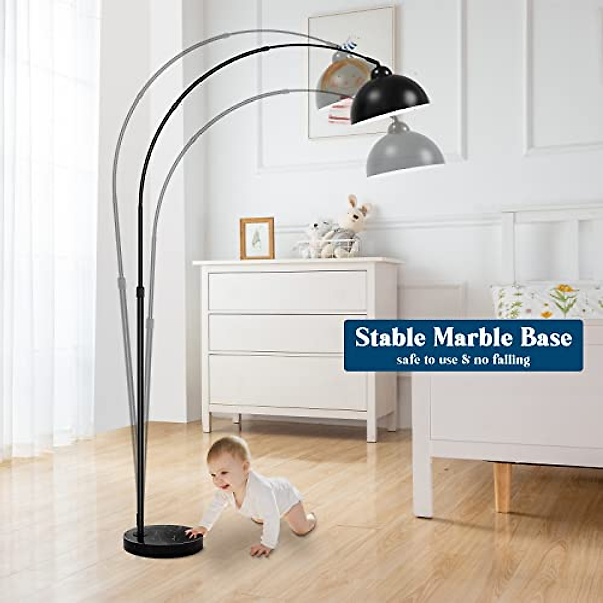 Modern 73" Arc Floor Lamp with Metal Hanging Dome Shade, Industrial Adjustable Over the Couch Stand Up Light, Marble Base Farmhouse Tall Task/Reading Standing Lamp for Living Room Bedroom Office Black