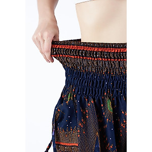 Lannaclothesdesign Women's Smocked Waist Boho Flowy Yoga Harem Pants Hippie Clothes (M, Dark Blue)