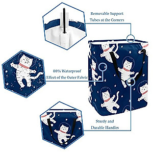 Fly in Space Cat Stars Print Collapsible Laundry Hamper, 60L Waterproof Laundry Baskets Washing Bin Clothes Toys Storage for Dorm Bathroom Bedroom