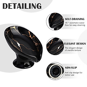 WHJY Ceramic Self Draining Soap Dish for Bar, Small Leaf Shaped Soap Dish, Black Marble Soap Dish for Bathroom Shower Soap Holder Tray for Kitchen