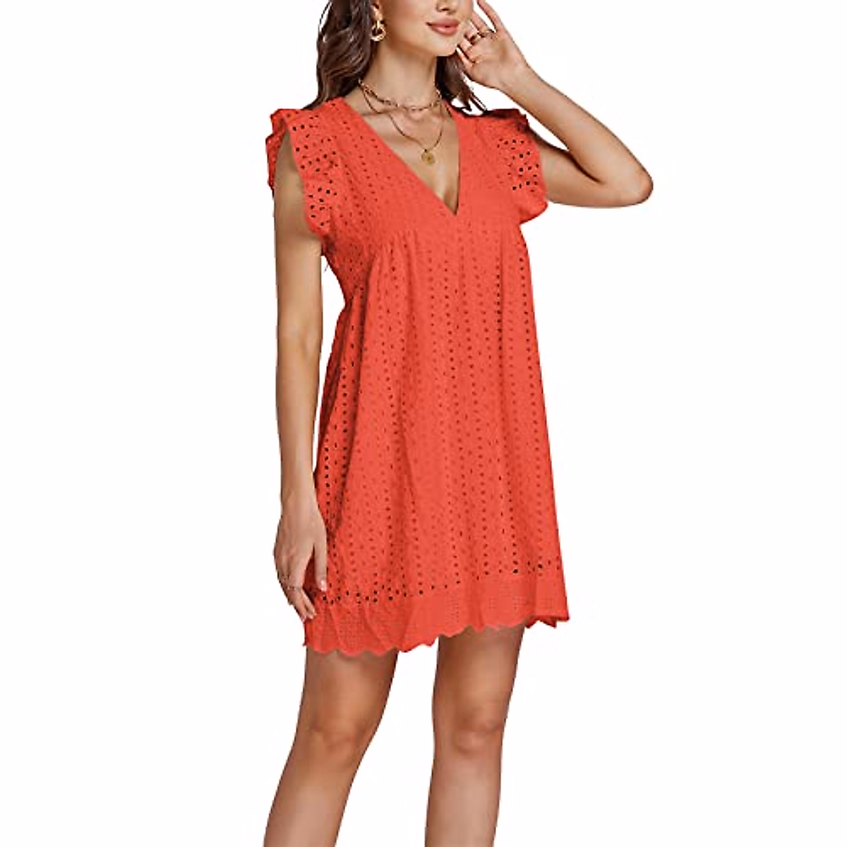 LYANER Women's Elegant Eyelet V Neck Ruffle Cap Sleeve Tank Babydoll A Line Mini Dress Red Medium