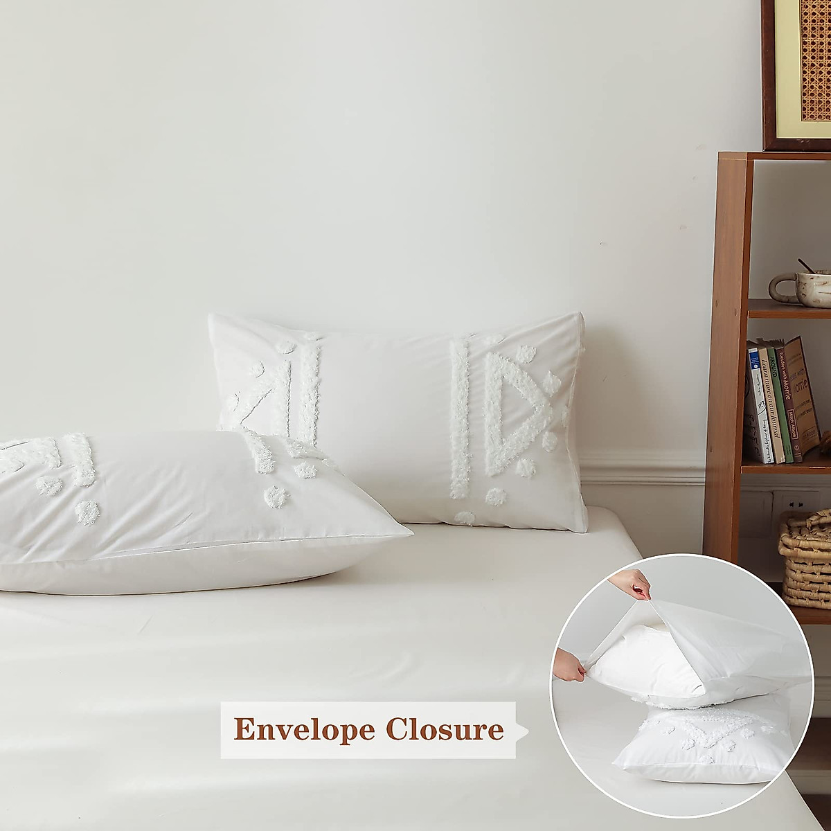 Simple&Opulence 100% Cotton Boho Tufted Duvet Cover Set, 3Pcs Textured Embroidery Comforter Cover Set -1 Duvet Cover&2 Pillowcases, Jacquard Shabby Chic Farmhouse Bedding for All Season(White, Queen)