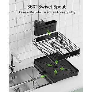 ULG Dish Drying Rack with Drainboard, Countertop Dish Rack, Rustproof Dish Drainer for Kitchen Counter, Draining Rack with Detachable Utensil Holder, Adjustable Swivel Spout Dish Strainers, Black