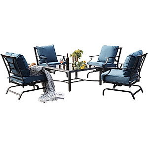 Grand patio 5PCS Conversation Sets Outdoor Dining Set 4 Rocking Motion Patio Chairs with Gray Water-Resistant Olefin Cushions & 1 Tempered Glass Table for Garden Lawn & Poolside (Peacock Blue)