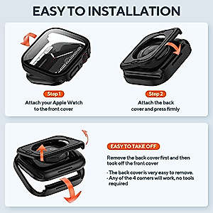 2 Pack 2 in 1 Waterproof Case for Apple Watch Series SE SE2 6 5 4 44mm, Straight Edge PC Front & Back Bumper with Tempered Glass Screen Protector 360 Protective Cover for iWatch (44mm, Black/Black)